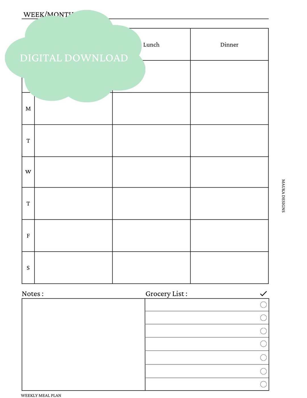A5 Weekly Meal Plan Printable Planner Insert Personal Size Inserts Meal ...