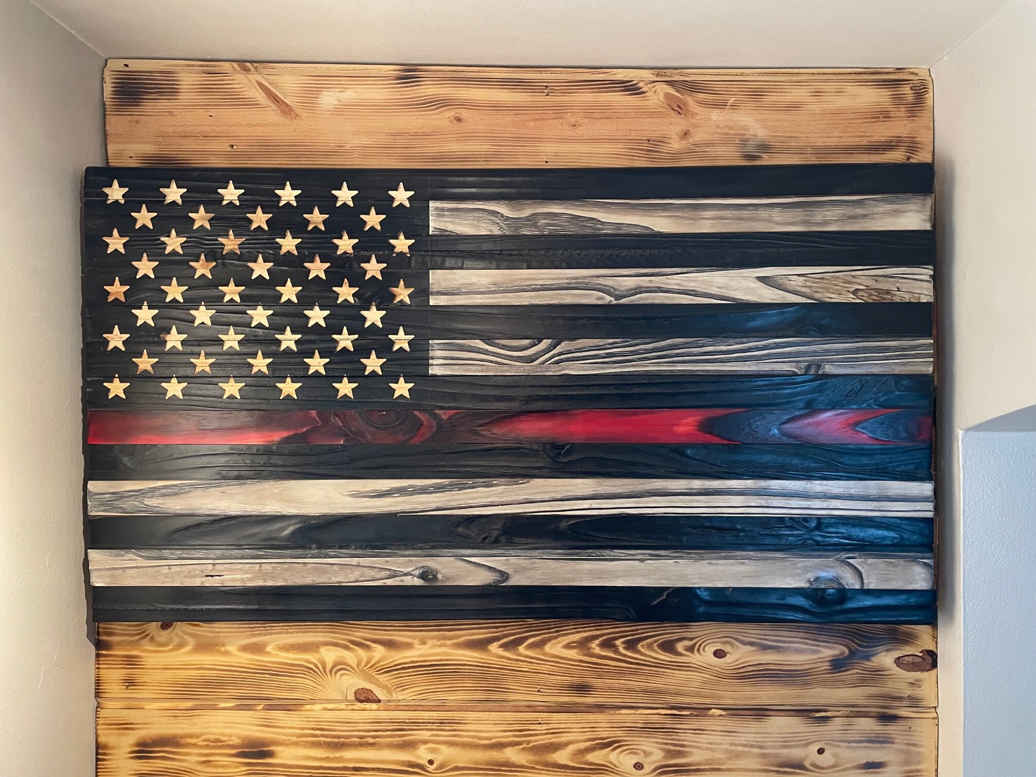 Rustic Thin Red Line Firefighter Wood Burnt Flag - Etsy