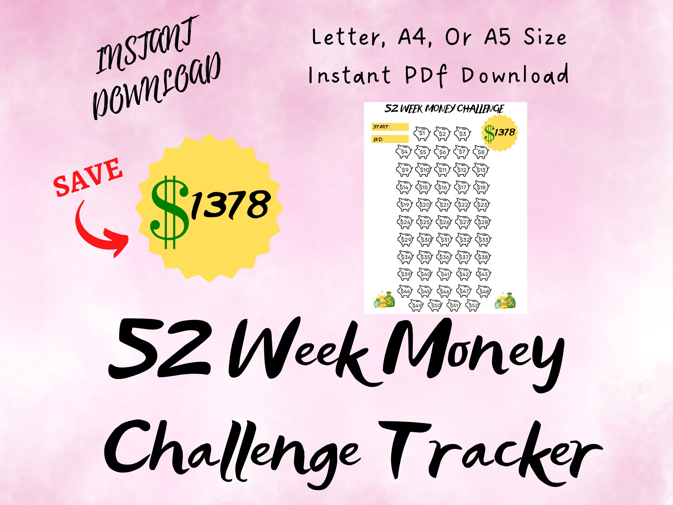 Printable 52 Week Money Challenge Tracker, Savings Challenge Tracker ...