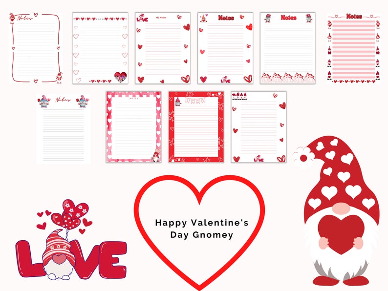 Cute Printable Valentine's Day Gnome Notes Pages-instant - Etsy
