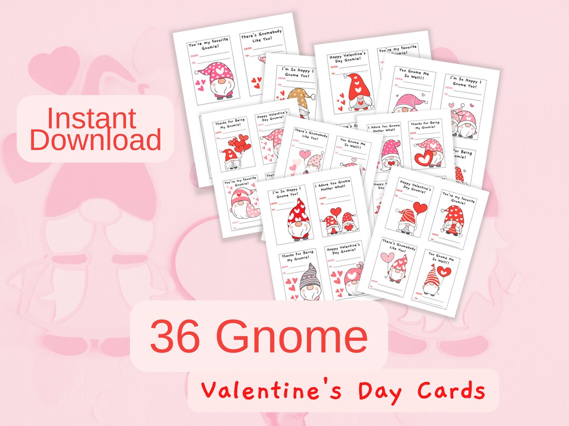 Printable Gnome Valentine's Day Cards-instant Download-cute Valentine's ...