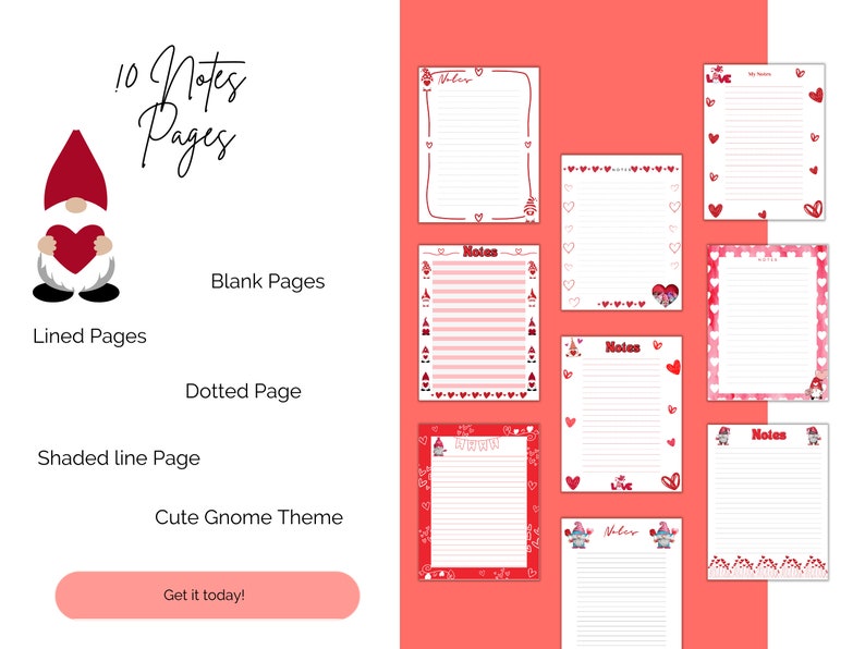 Cute Printable Valentine's Day Gnome Notes Pages-instant - Etsy