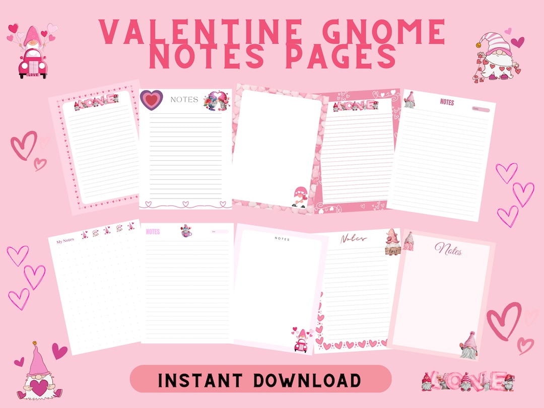Cute Printable Valentine's Day Gnome Notes Pages-instant - Etsy