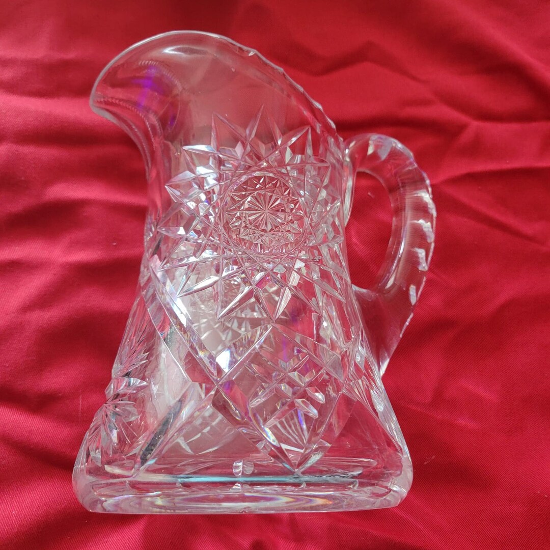 Vintage Lead Crystal Cut Glass Pitcher Stunning Brilliant Star Flower ...