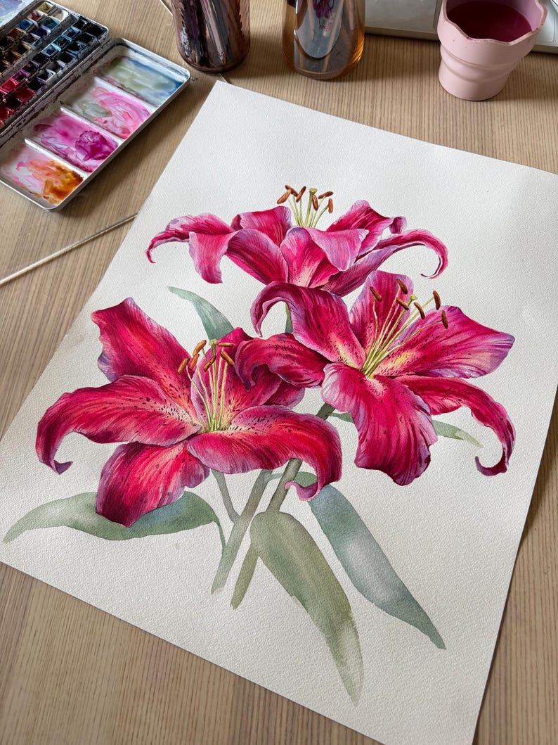Original Hand-painted Lilies Watercolor Painting: Floral Wall Art - Etsy