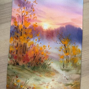 Original Hand Painted Watercolor Autumn Forest Painting Sunset and Fog ...