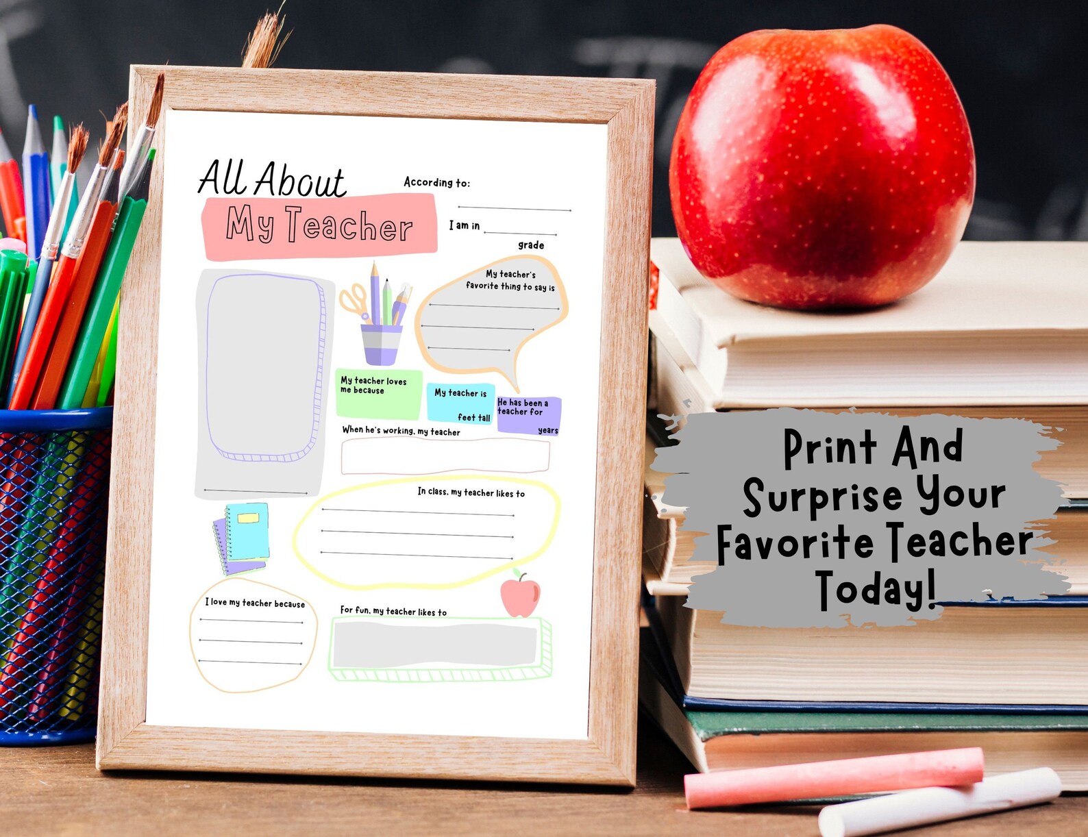 All About My Teacher, Printable Teacher Appreciation Gift, DIY Present ...