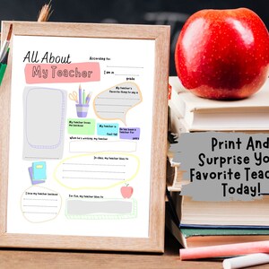 All About My Teacher, Printable Teacher Appreciation Gift, DIY Present ...