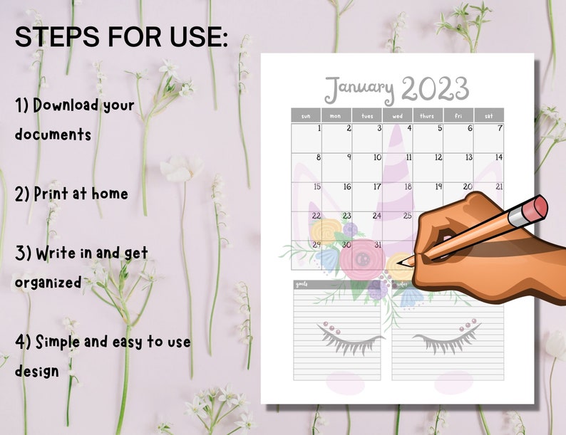 Printable 2023 Calendar and Planner Pretty Floral Unicorn - Etsy