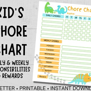 Printable Dinosaur Kids Chore Chart, Responsibility Tracker for Dino ...
