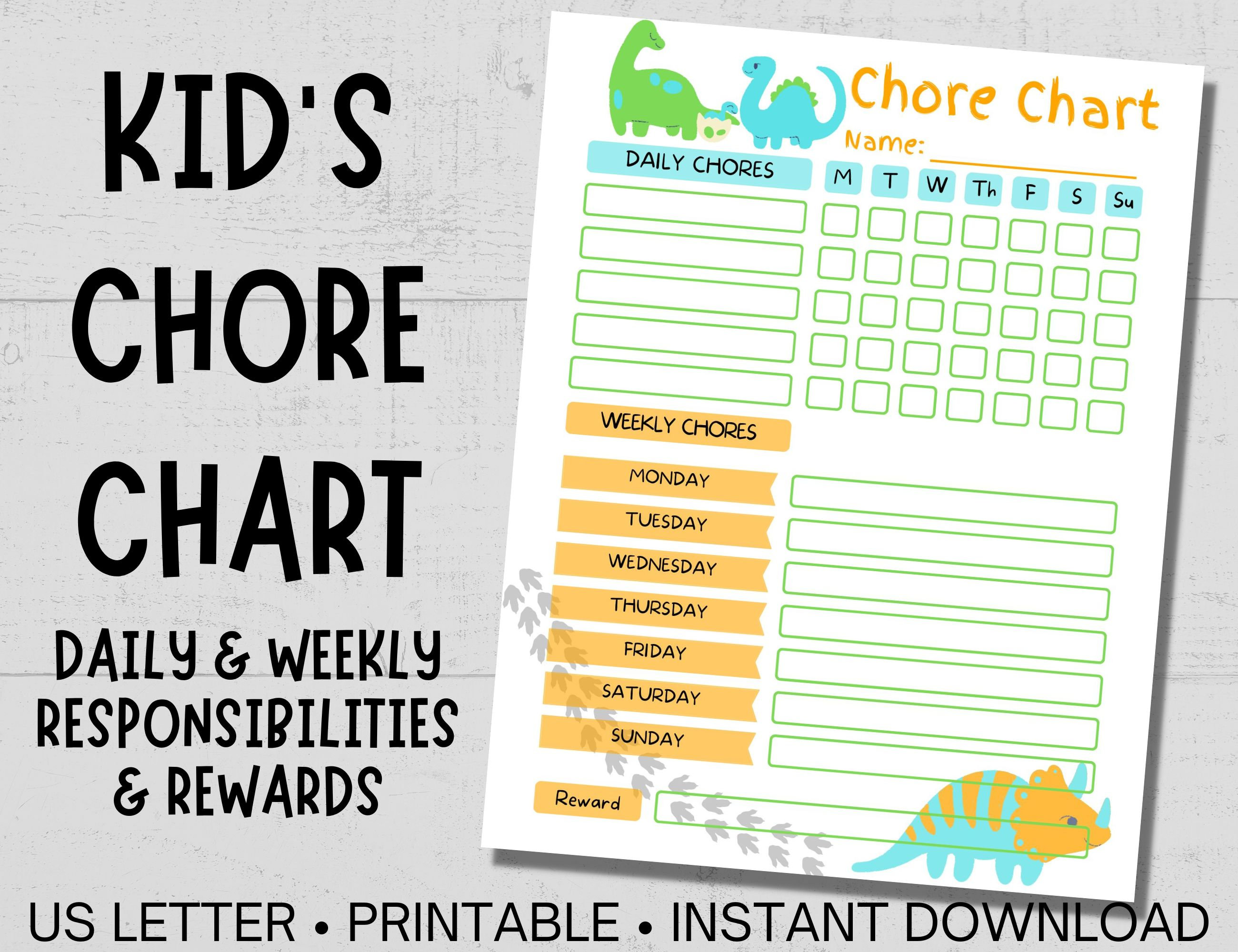 Printable Dinosaur Kids Chore Chart, Responsibility Tracker for Dino ...