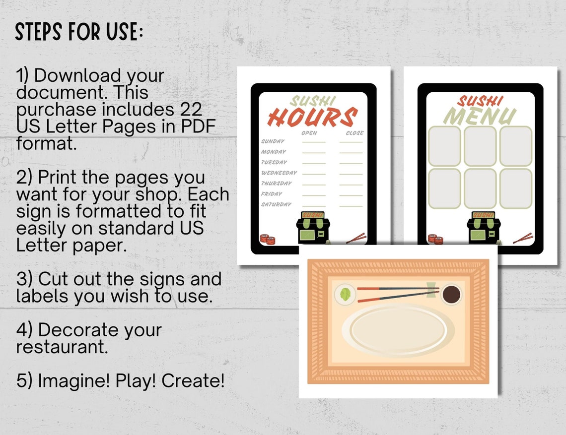 Pretend Play Sushi Restaurant Printable Bundle, Kitchen Dramatic Play ...
