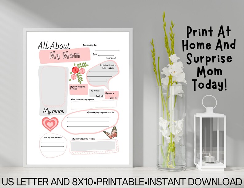 All About Mom, Printable Mother's Day Gift, DIY Present for Mom, Mother ...