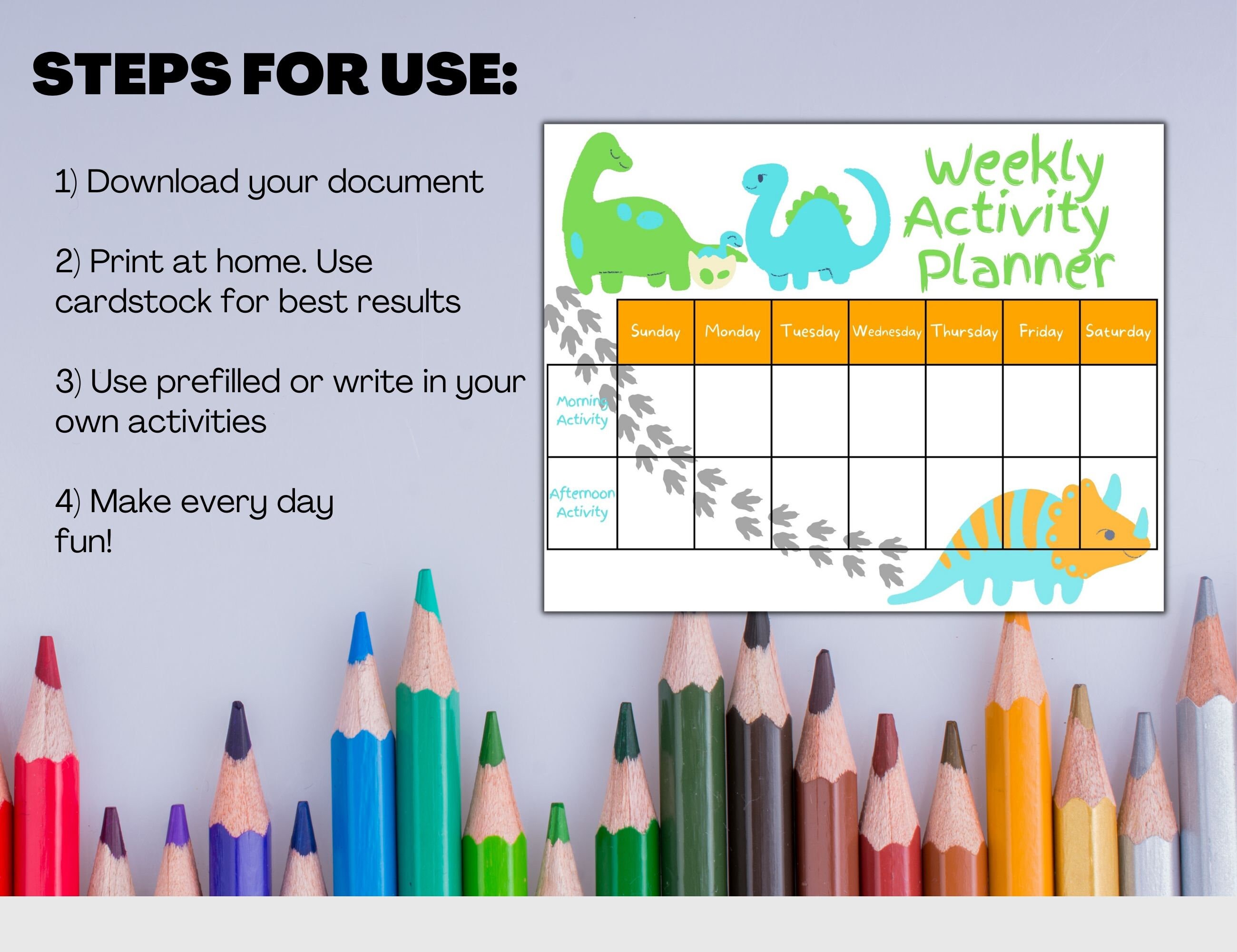 Printable Dinosaur Themed Kids' Weekly Activity Planner Calendar - Etsy