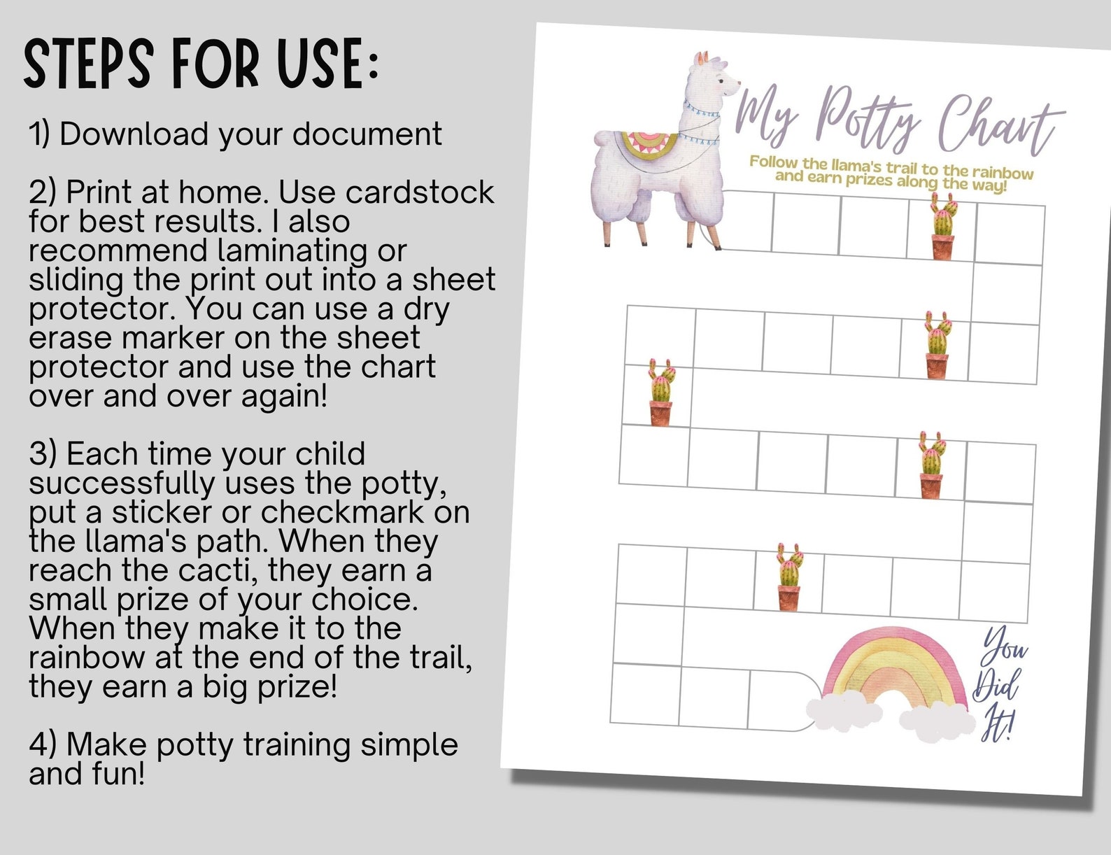Boho Llama Rainbow Potty Training Reward Chart for Toddler, Printable ...