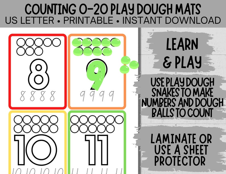 Printable Counting 0-20 Play Dough Mats, Dry Erase Number Practice ...