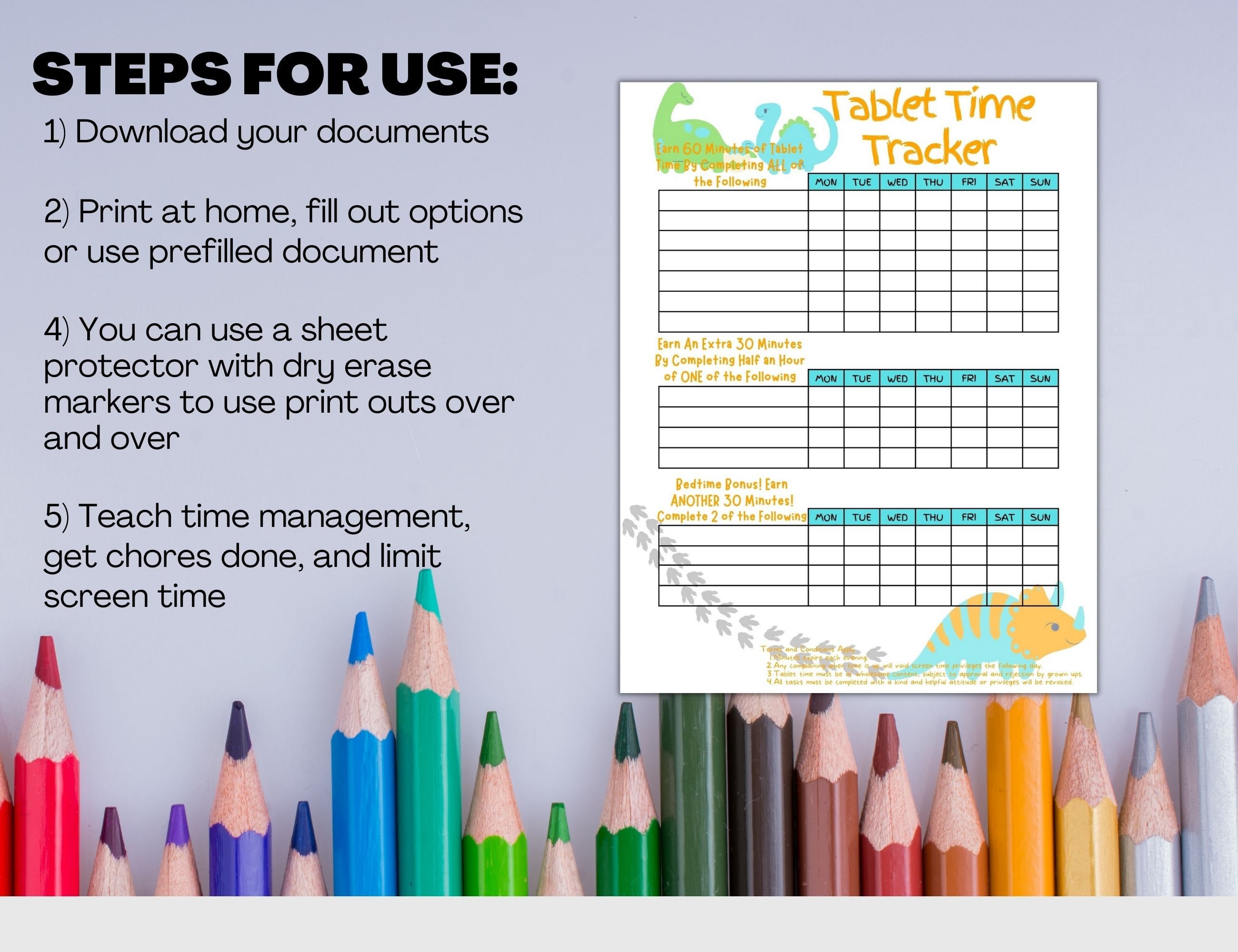 Screen Time Chart, Printable Dinosaur Themed Tablet Time Tracker, Kid's ...