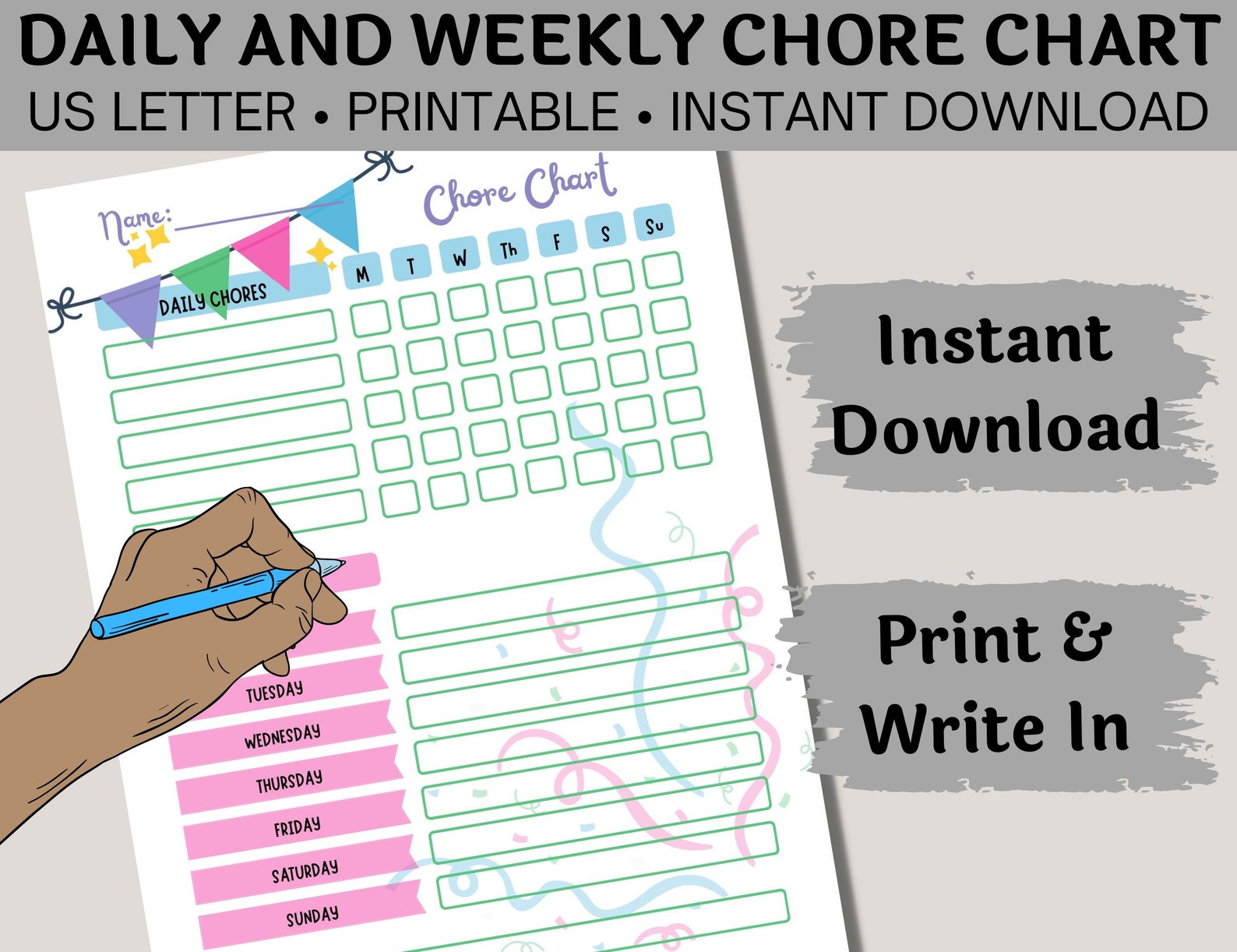 Printable Daily and Weekly Chore Chart, Kid's Chore Chart ...