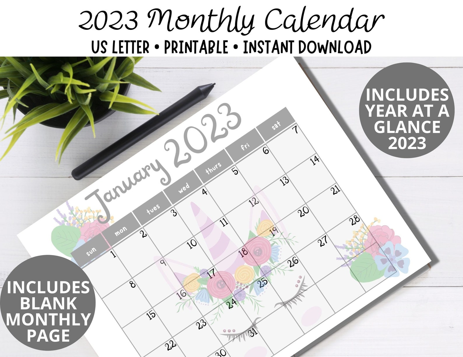 Pretty Printable 2023 Calendar, Floral Unicorn Monthly Calendar ...