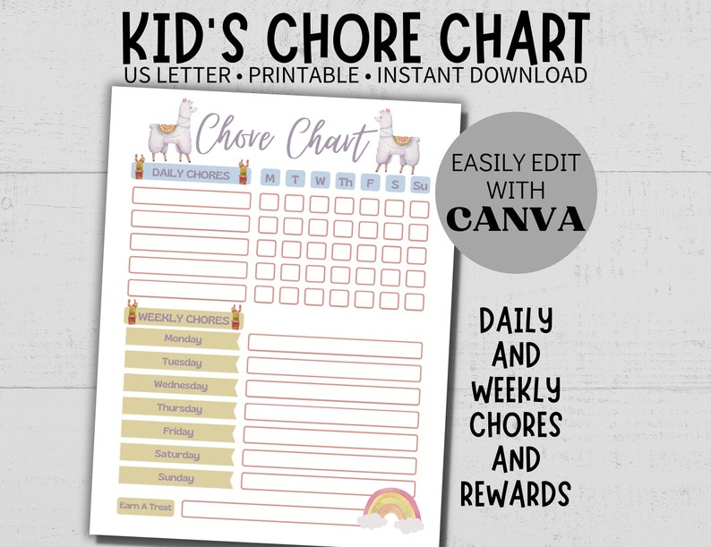 Editable Boho Llama Rainbow Chore Chart for Kids, Printable & Fillable ...