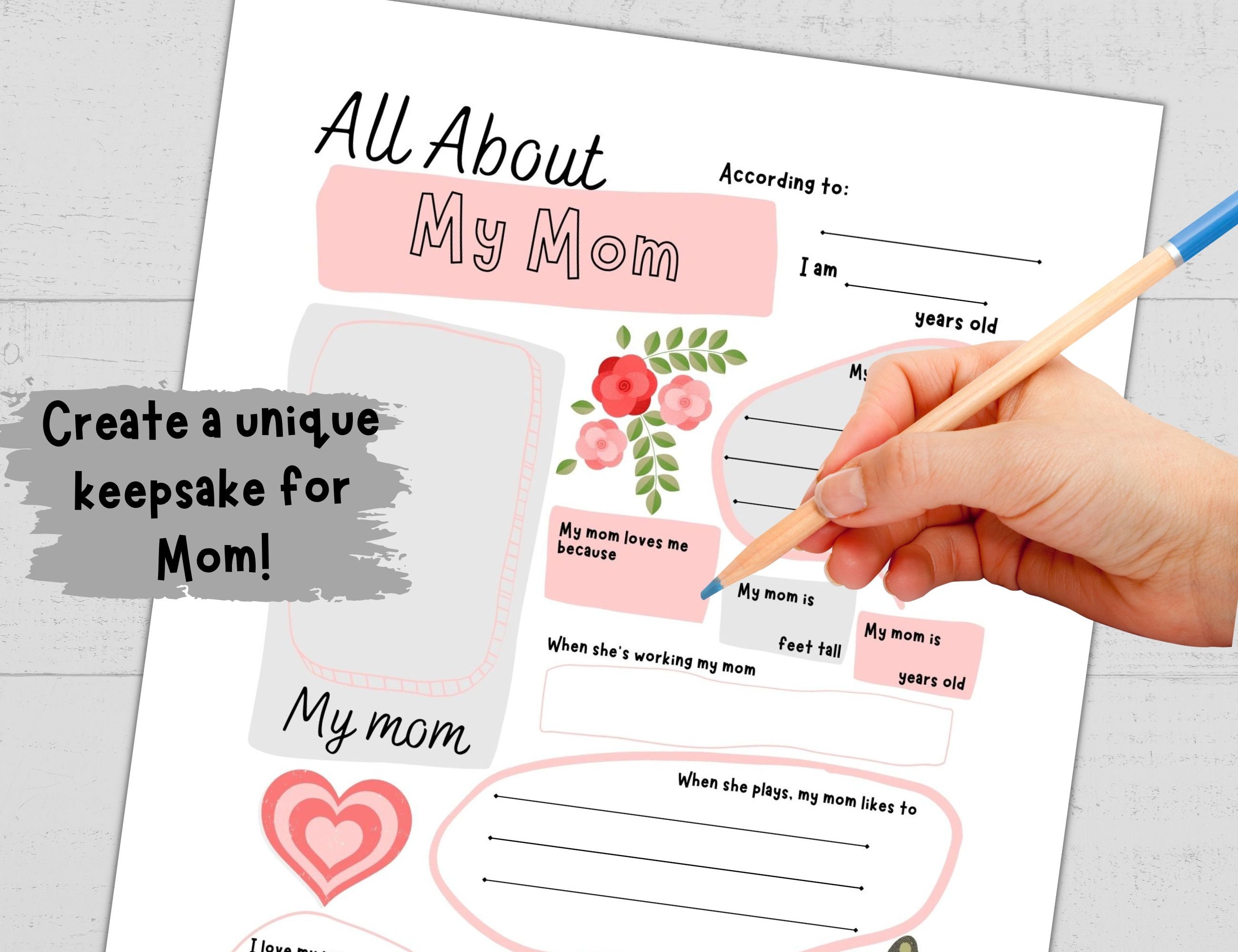 All About Mom, Printable Mother's Day Gift, DIY Present for Mom, Mother ...