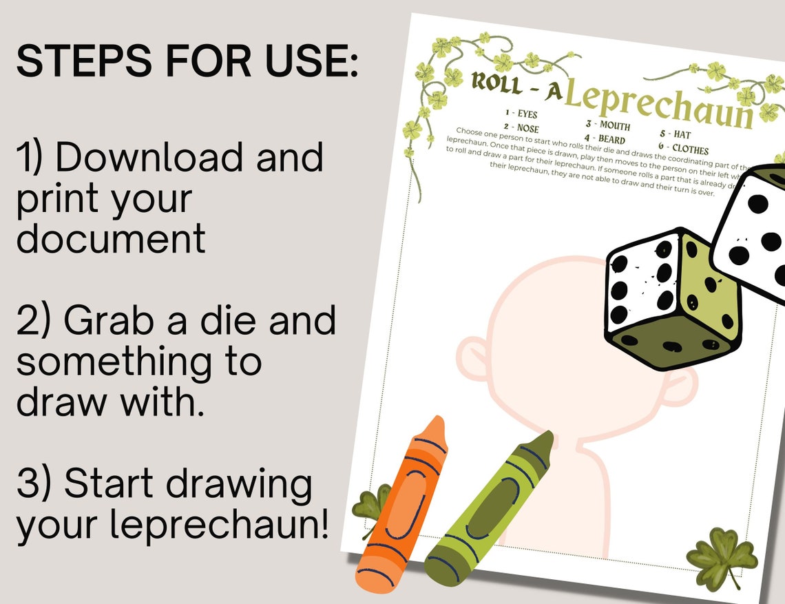 Printable St Patrick's Day Roll A Leprechaun Dice Game, Coloring Party ...