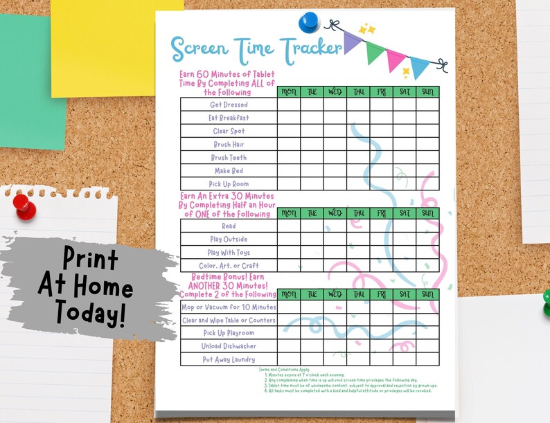 Printable and Editable Kid's & Teens Screen Time Tracker Chore Chart ...