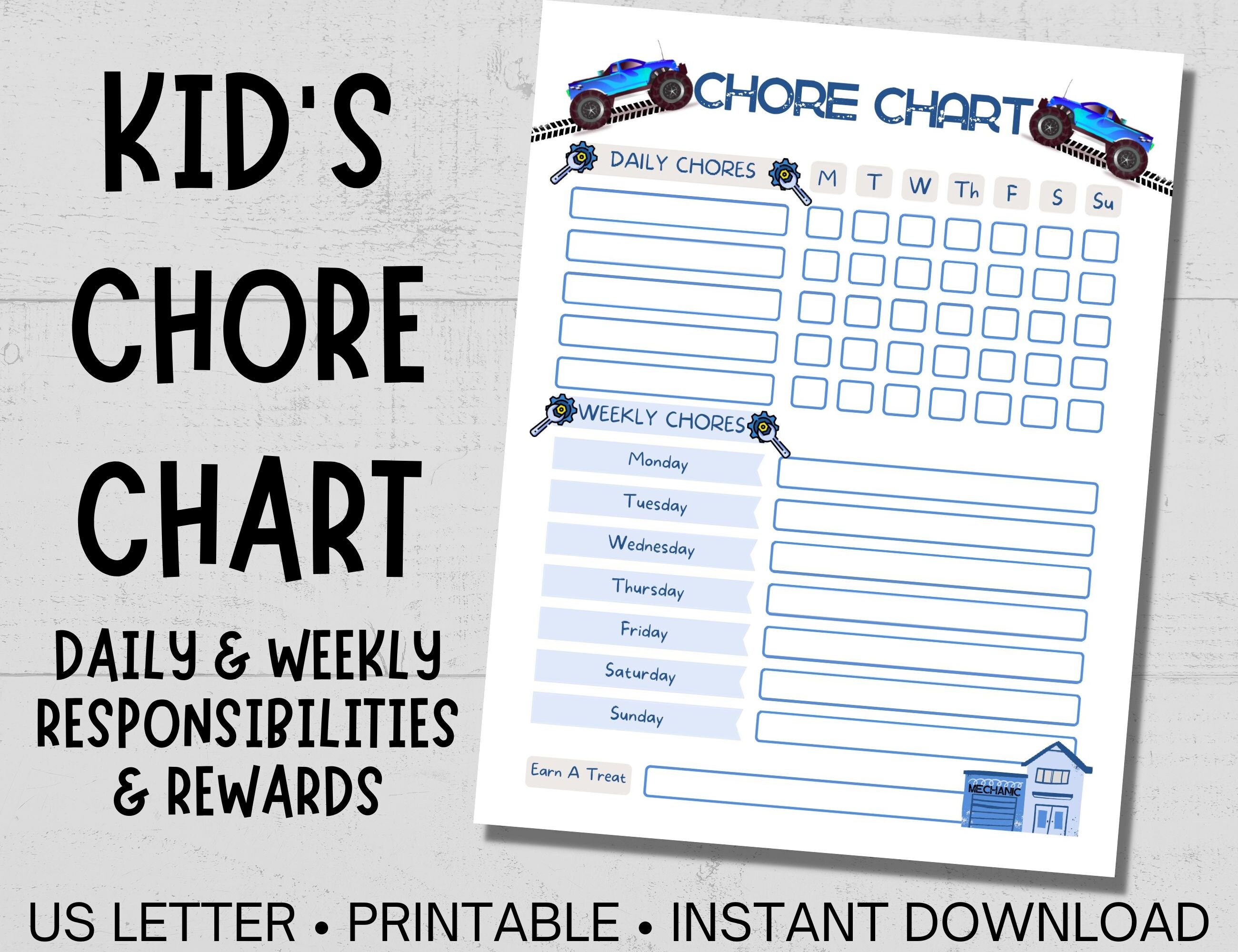 Monster Truck Chore Chart for Kids, Printable Responsibility Tracker ...