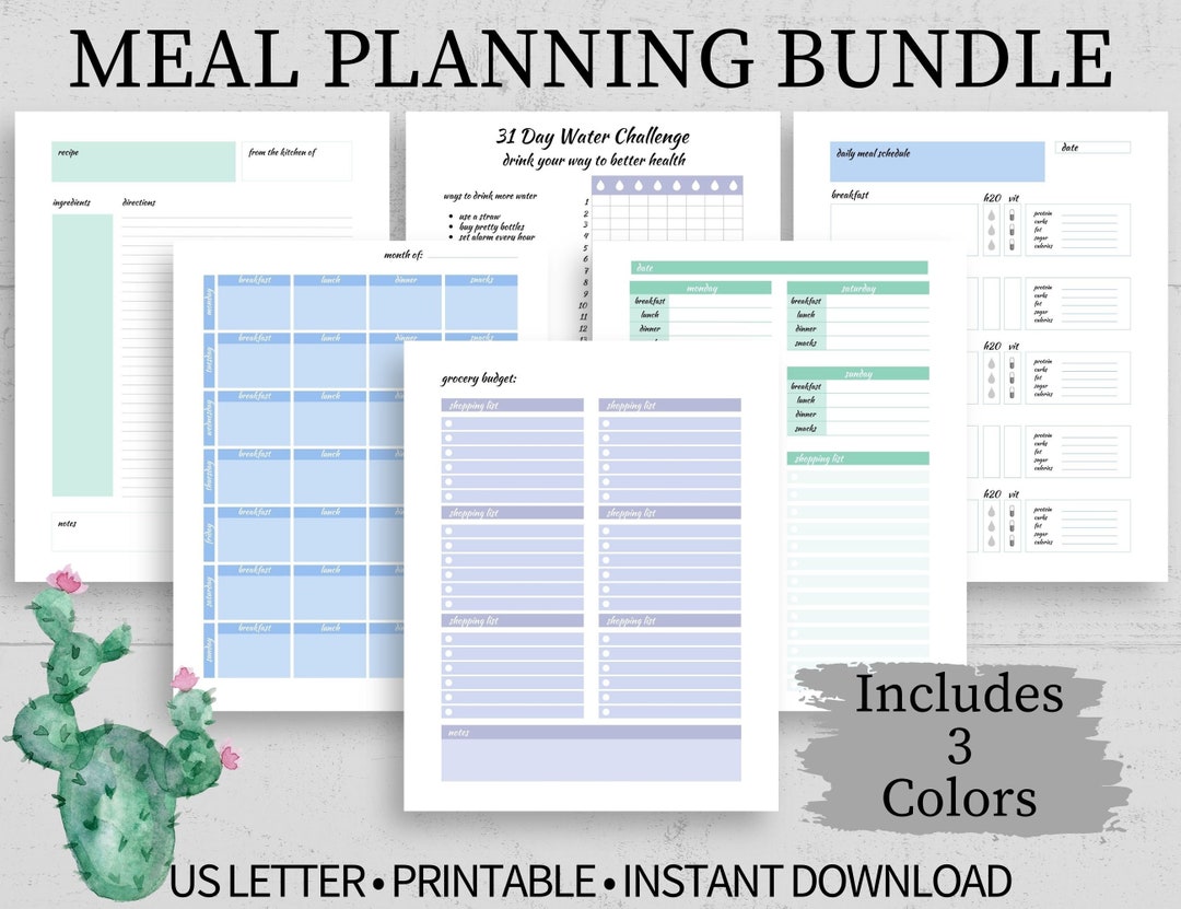 Watercolor Cactus Meal Planner, Meal Planning Bundle, Weekly Meal ...