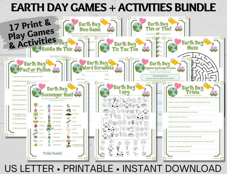 Printable Earth Day Games and Activities Bundle for Kids, Educational ...