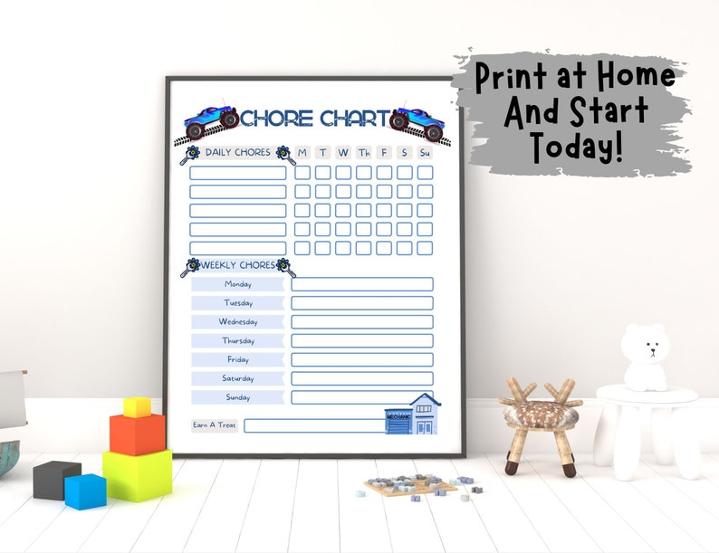 Monster Truck Chore Chart for Kids, Printable Responsibility Tracker ...