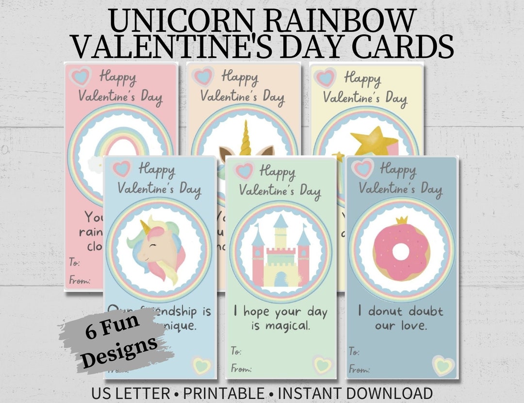 Rainbow Unicorn Printable Valentine's Day Cards, Sweet and Cute Unicorn ...
