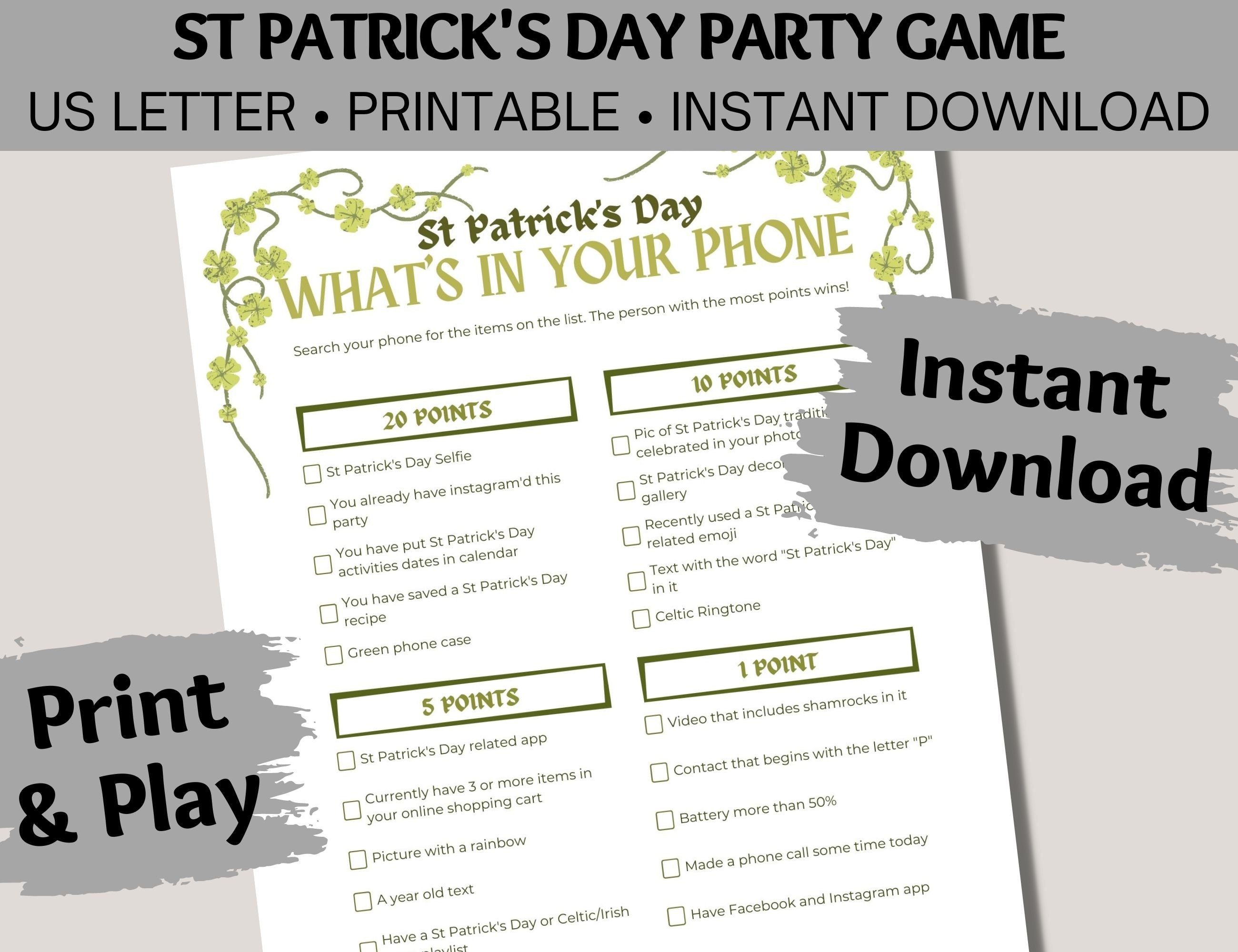 Printable St Patrick's Day What's in Your Phone Party Game, St Patty's ...