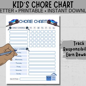 Monster Truck Chore Chart for Kids, Printable Responsibility Tracker ...
