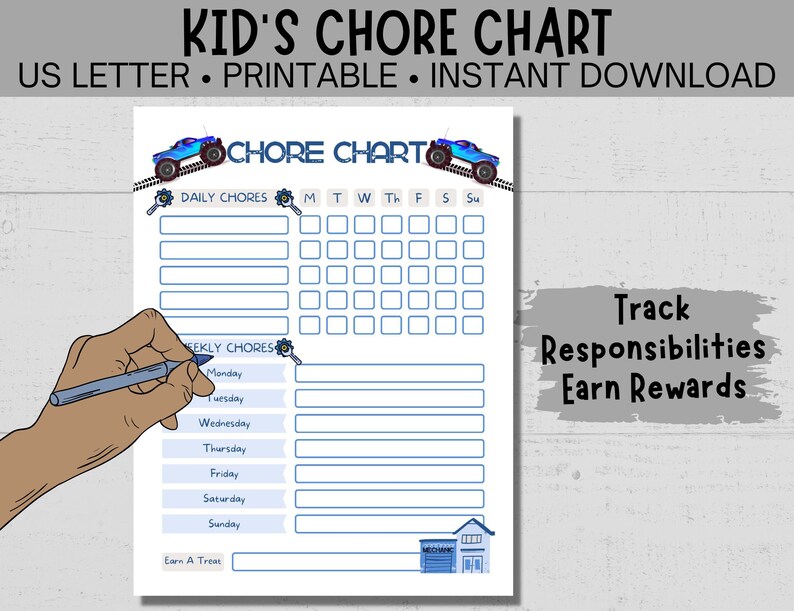 Monster Truck Chore Chart for Kids, Printable Responsibility Tracker ...