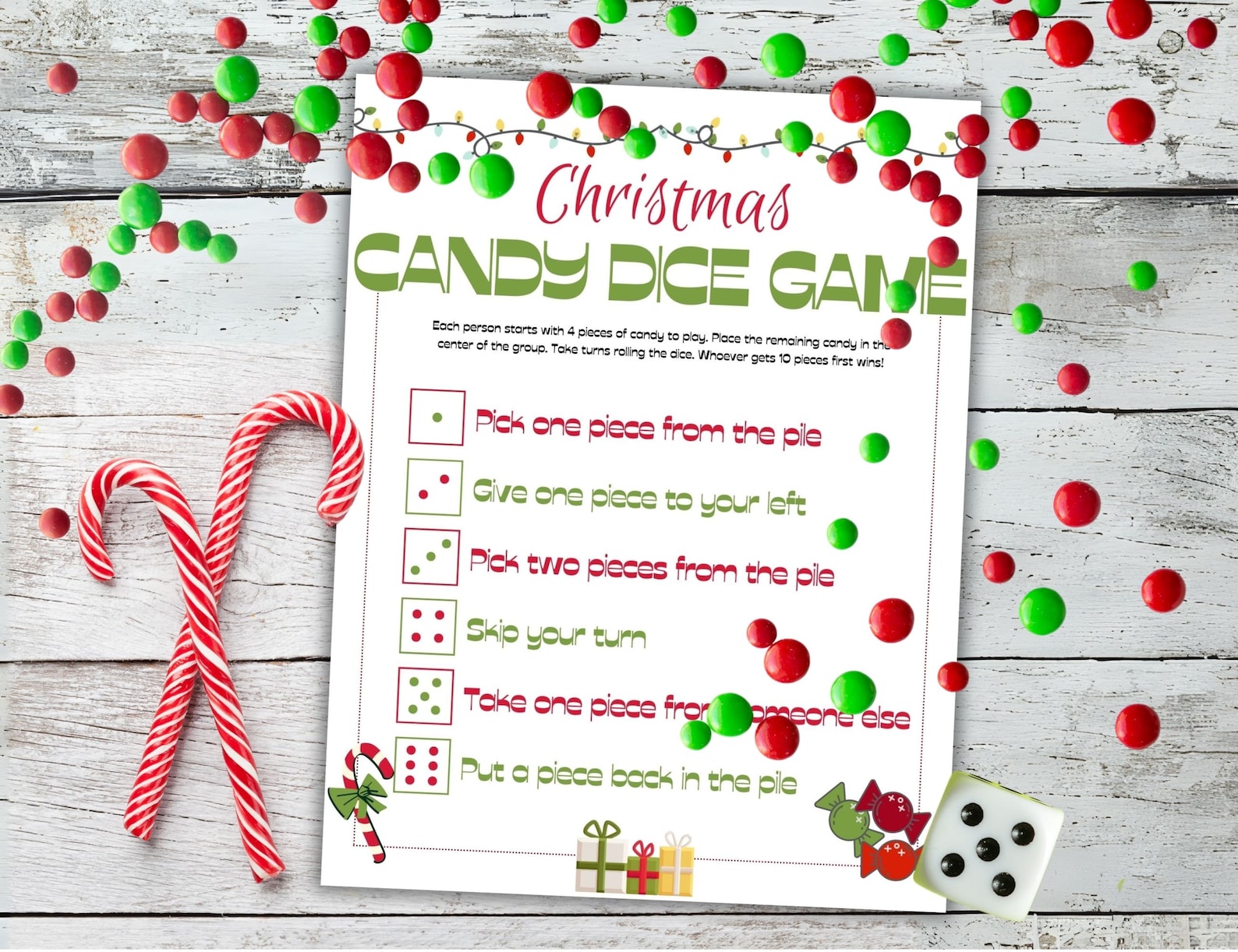 Christmas Candy Dice Game, Printable Christmas Party Game for Kids and ...
