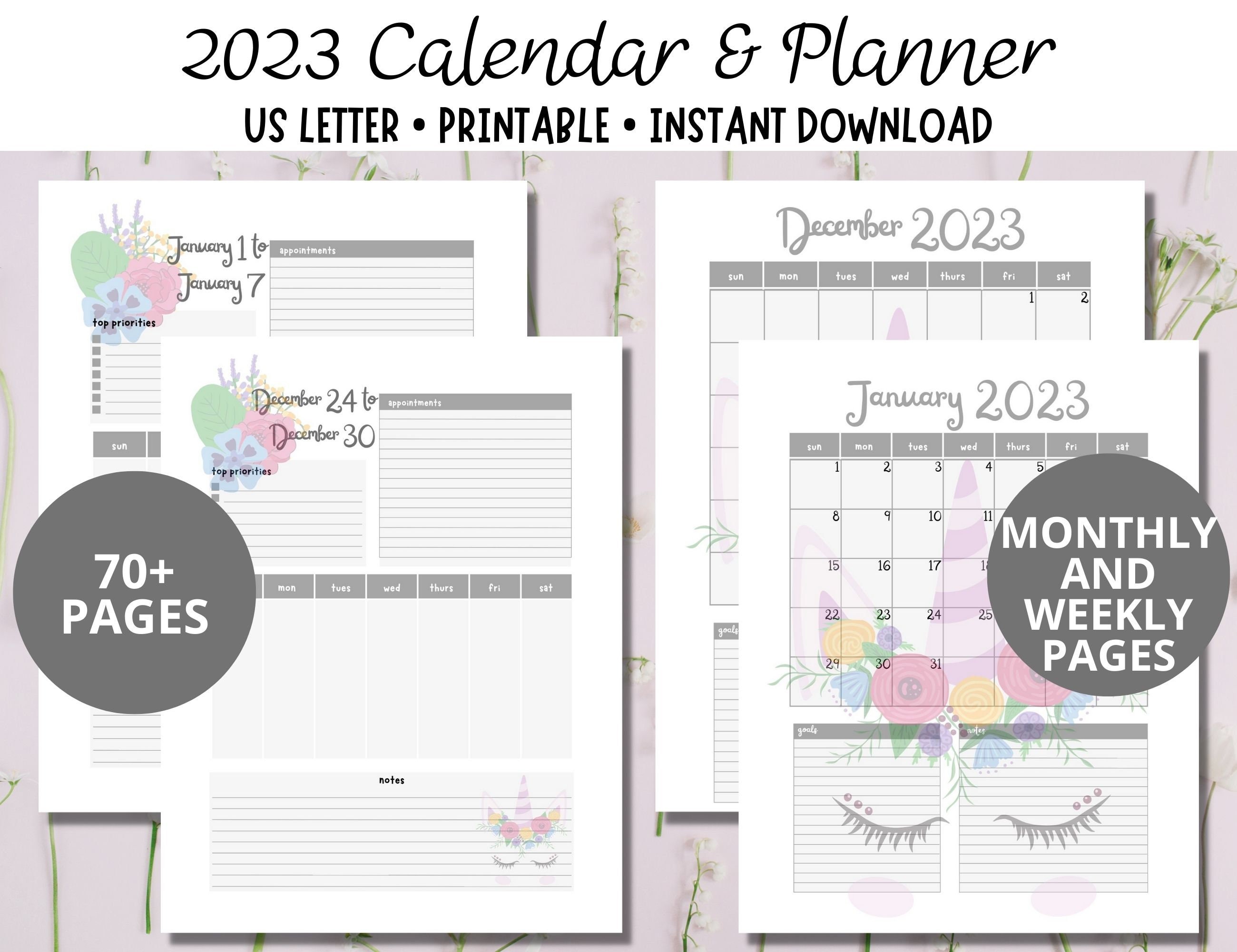 Printable 2023 Calendar and Planner Pretty Floral Unicorn - Etsy
