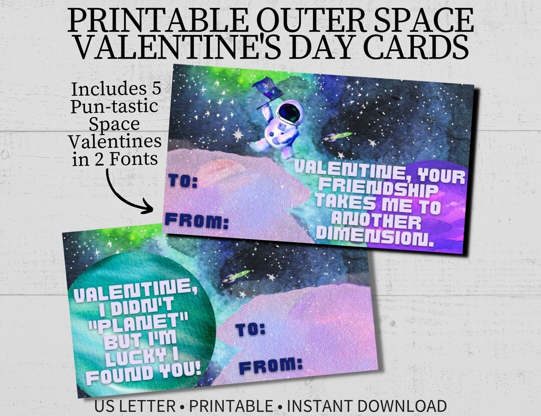 Printable Outer Space Valentine's Day Cards for Class, Kid's Astronaut ...