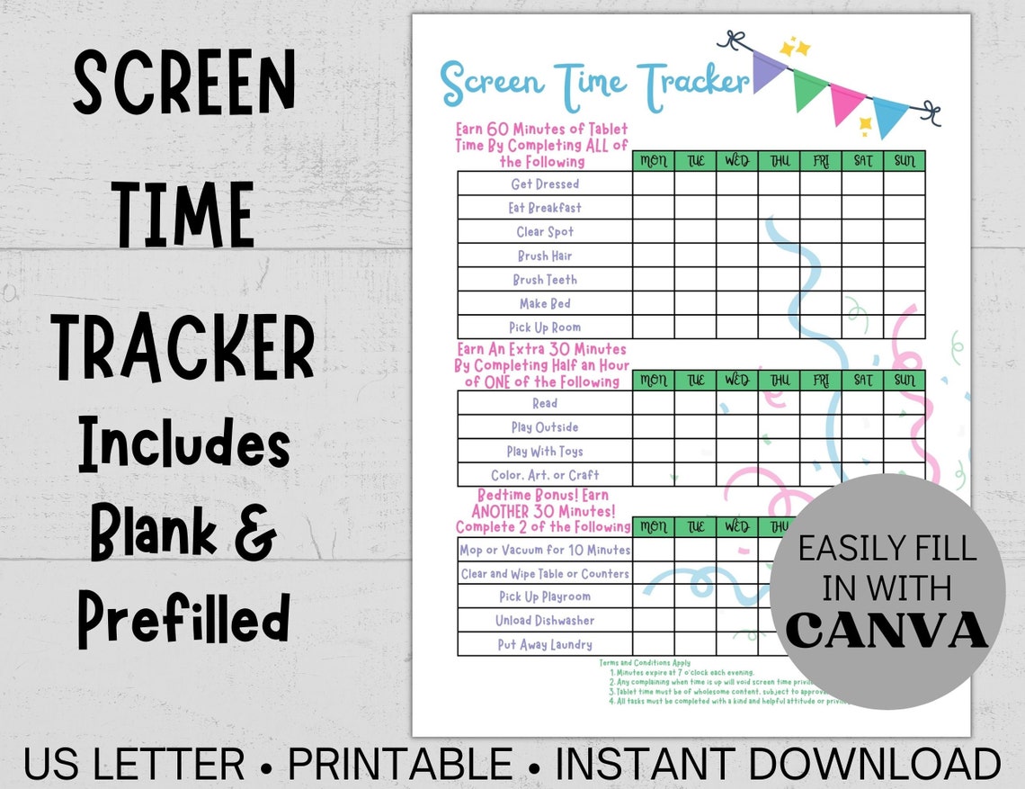 Printable and Editable Kid's & Teens Screen Time Tracker Chore Chart ...