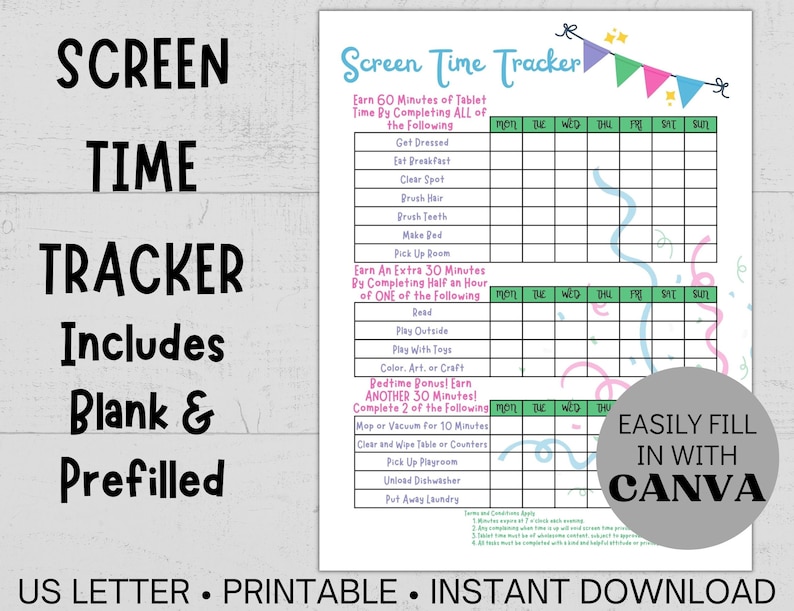 Printable and Editable Kid's & Teens Screen Time Tracker Chore Chart ...