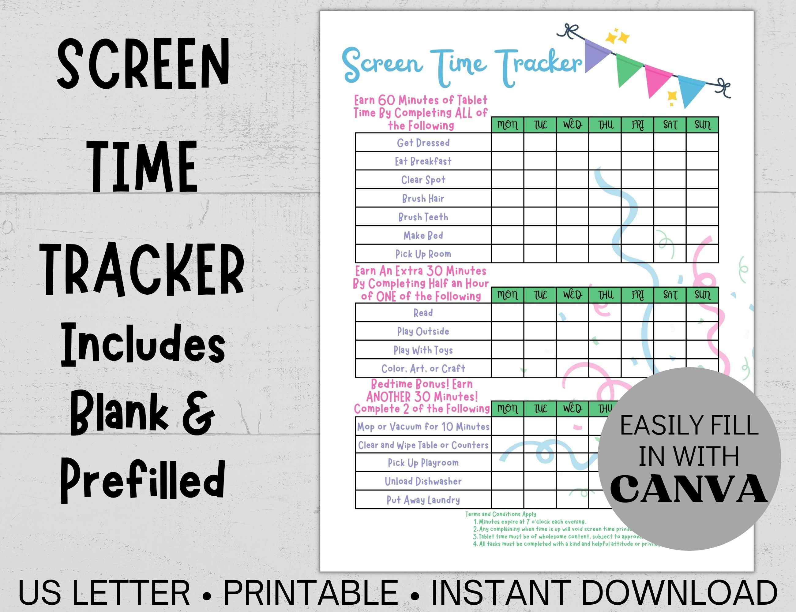 Printable and Editable Kid's & Teens Screen Time Tracker Chore Chart ...