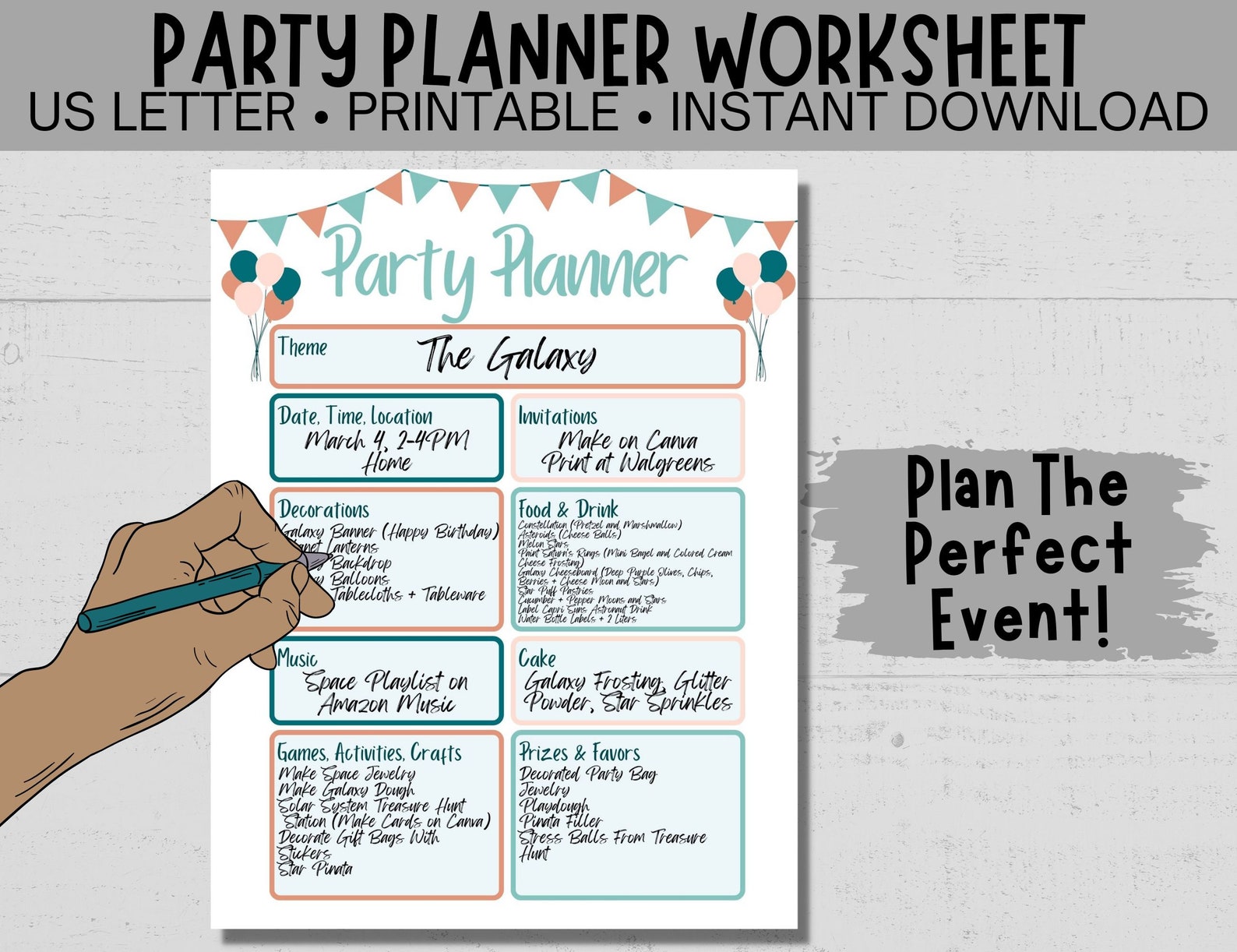 Simple Party Planner Worksheet, Printable Birthday Planner, Event ...