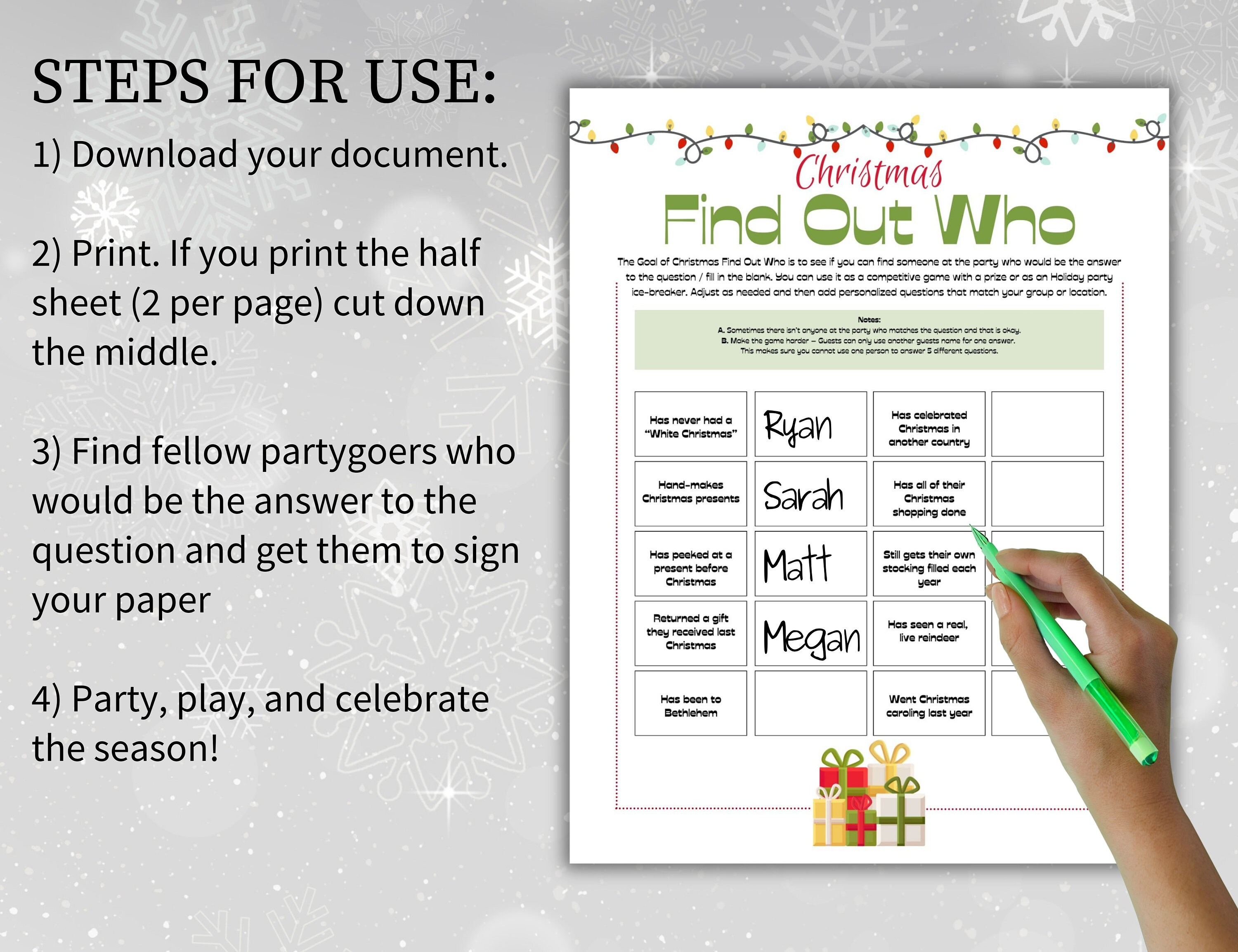Find Out Who Christmas Party Icebreaker Game, Printable Last Minute ...