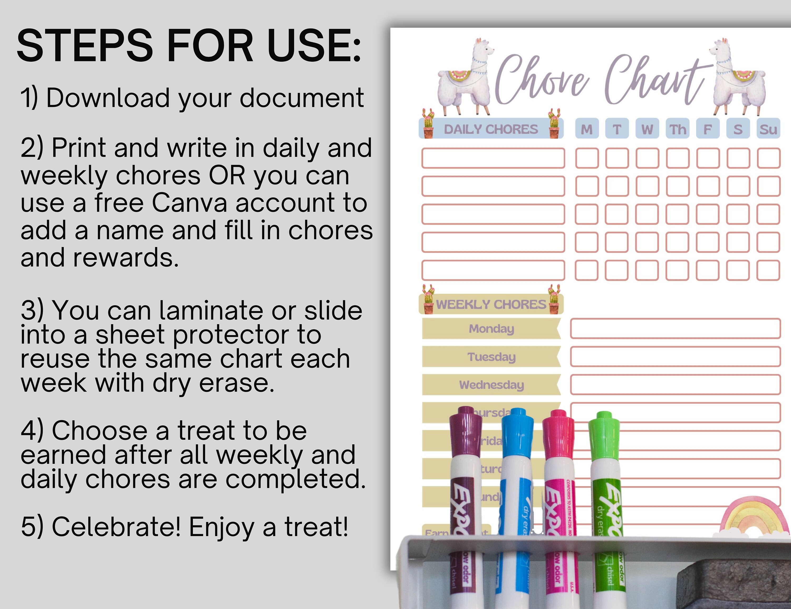 Editable Boho Llama Rainbow Chore Chart for Kids, Printable & Fillable ...