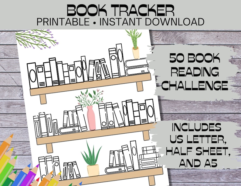 Printable Book Tracker, Coloring Bookshelf Goal Tracker, US Letter and ...