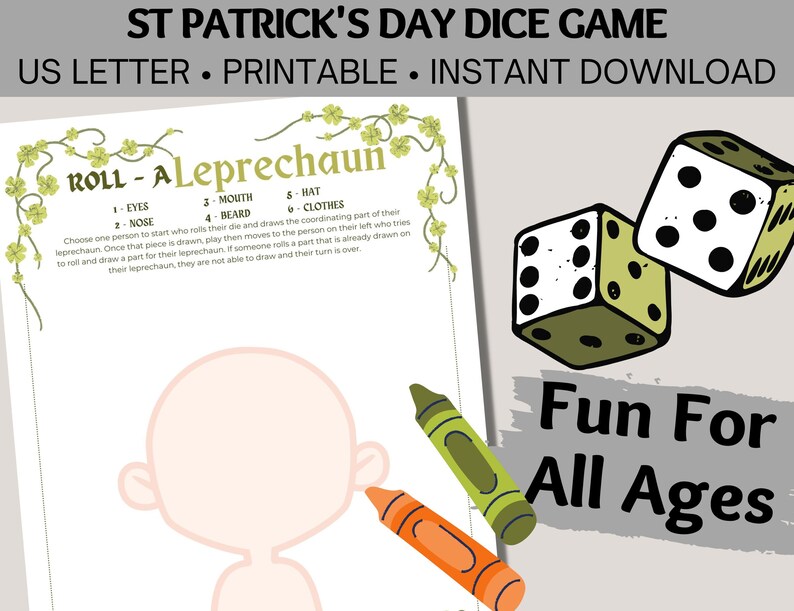 Printable St Patrick's Day Roll A Leprechaun Dice Game, Coloring Party ...