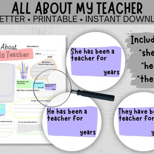 All About My Teacher, Printable Teacher Appreciation Gift, DIY Present ...