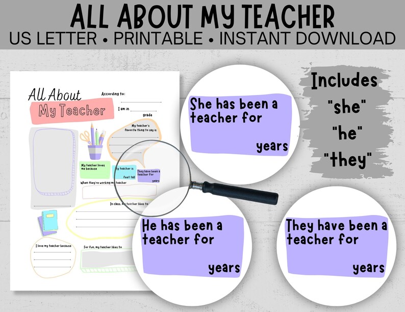 All About My Teacher, Printable Teacher Appreciation Gift, DIY Present ...