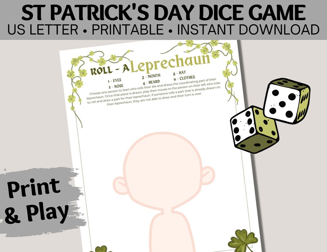 Printable St Patrick's Day Roll A Leprechaun Dice Game, Coloring Party ...