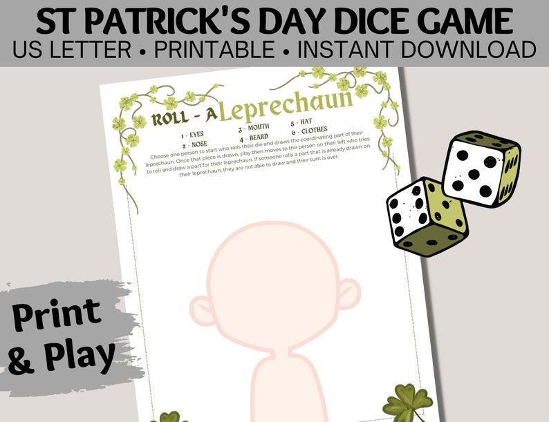 Printable St Patrick's Day Roll A Leprechaun Dice Game, Coloring Party ...